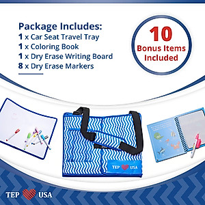 Car Seat Kids Travel Tray - Toddler Lap Activity Table Includes Dry Erase Board, Dry Erase Markers, Coloring Book & Secure Tablet Cover - Comfort Car Tray Base, Foldable with Easy to Carry Strap