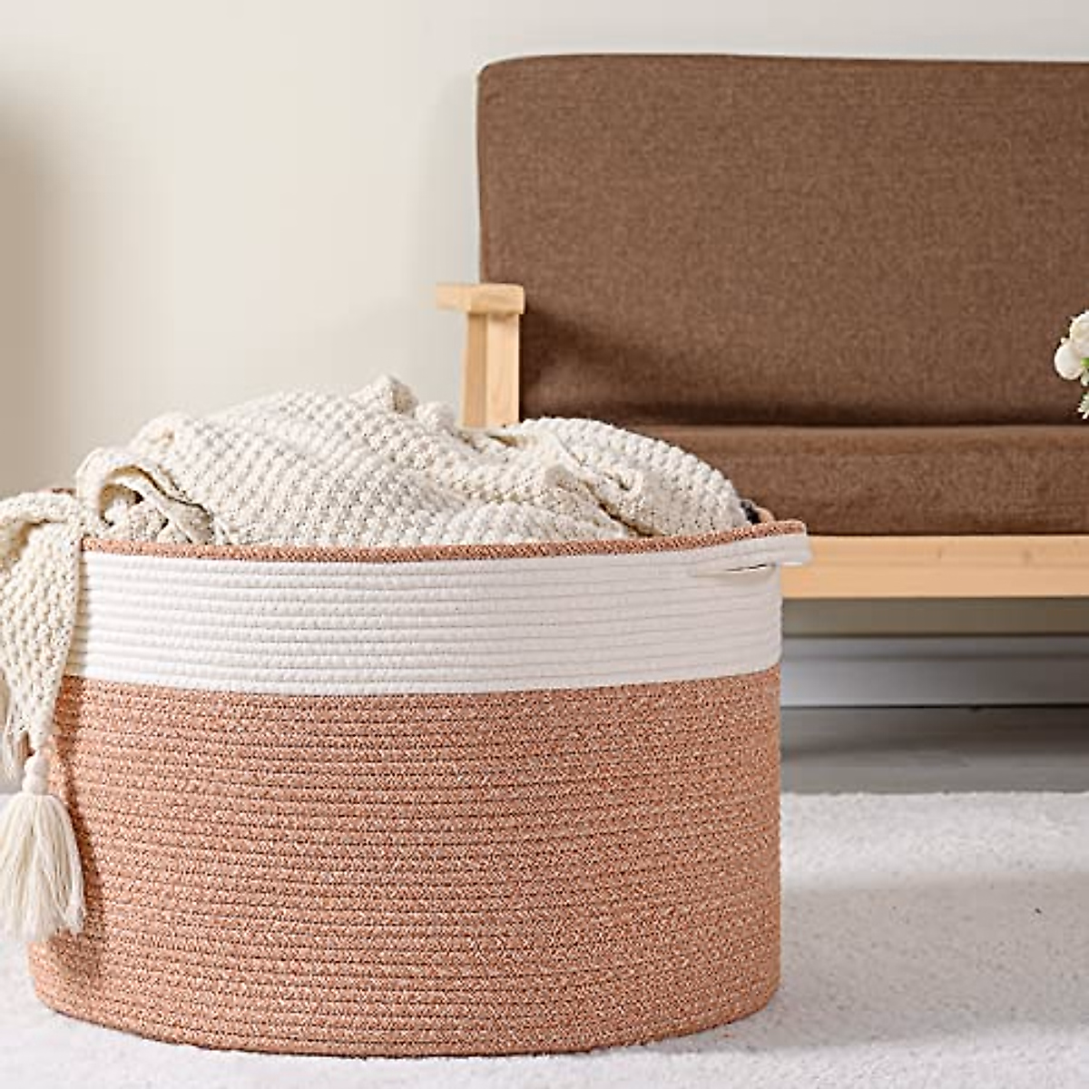 Large Cotton Rope Basket, 22"D x 14"H Extra Large Storage Basket, Soft Woven Baskets for Storage, Pillow, Clothes, Towel, Toys, Cushions, Throw Blanket Basket for Living Room