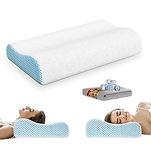 Neck Pillow Memory Foam, Neck/Shoulder Pain Relief, with Replacement Pillowcase【Cooling Ice Silk&Cotton】 Cervical Sleeping Pillow Neck Contour Support Bed Pillow for Side Back Stomach Sleeper