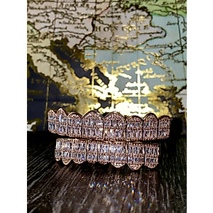 14k Rose Gold Baguette Joker Pink Grillz for Mouth Top Bottom Hip Hop Teeth Grills for Teeth Mouth Grillz for Mouth Top Bottom Hip Hop 8 Teeth Prong Set Cz Diamonds Grills for Tooth