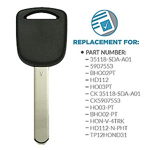 Keyless2Go Replacement for New Uncut Transponder V Chip Ignition Car Key HO03 (2 Pack)