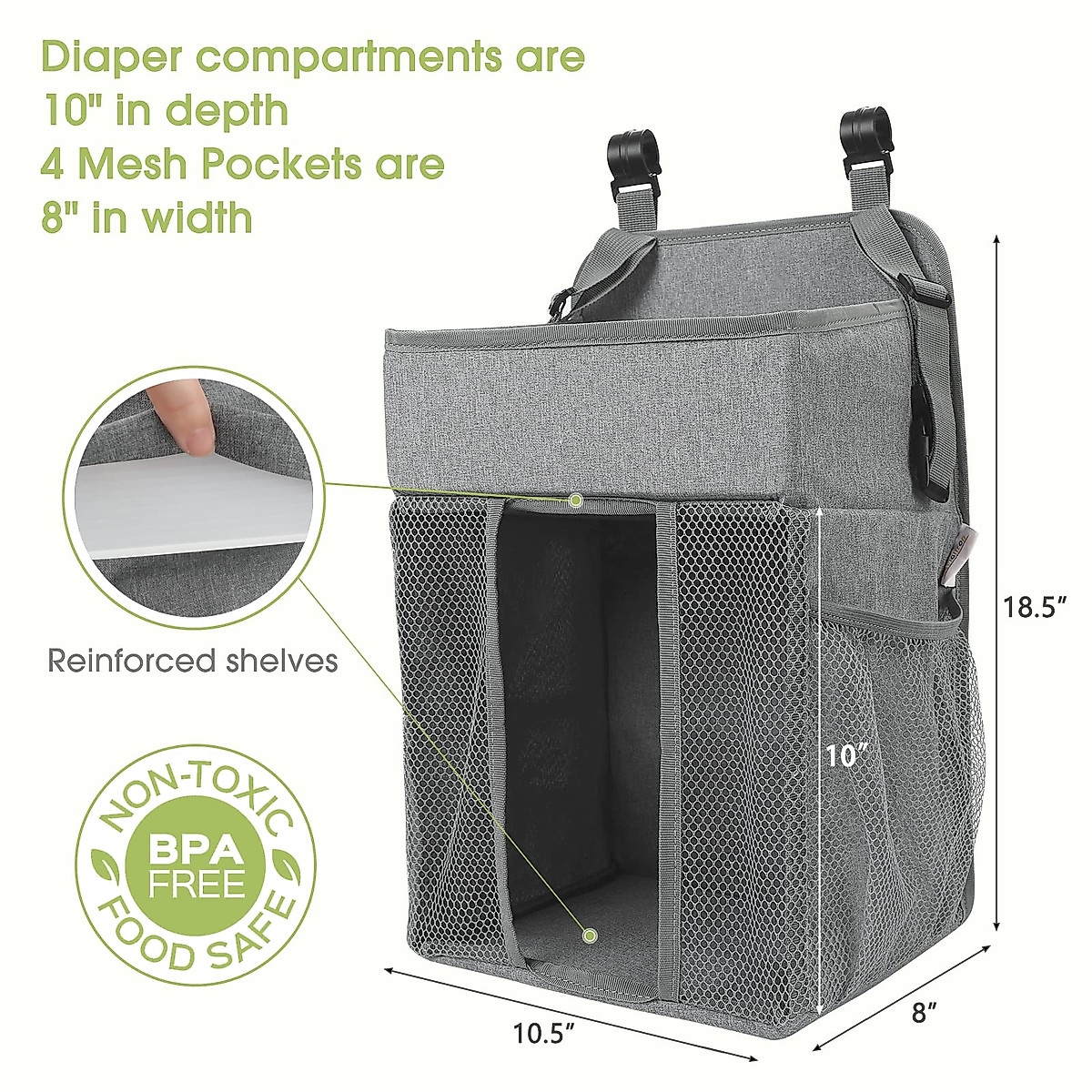 Maliton Changing Table Diaper Organizer - Baby Hanging Diaper Stacker Nursery Caddy Organizer for Cribs Playard Baby Essentials Storage (Gray)