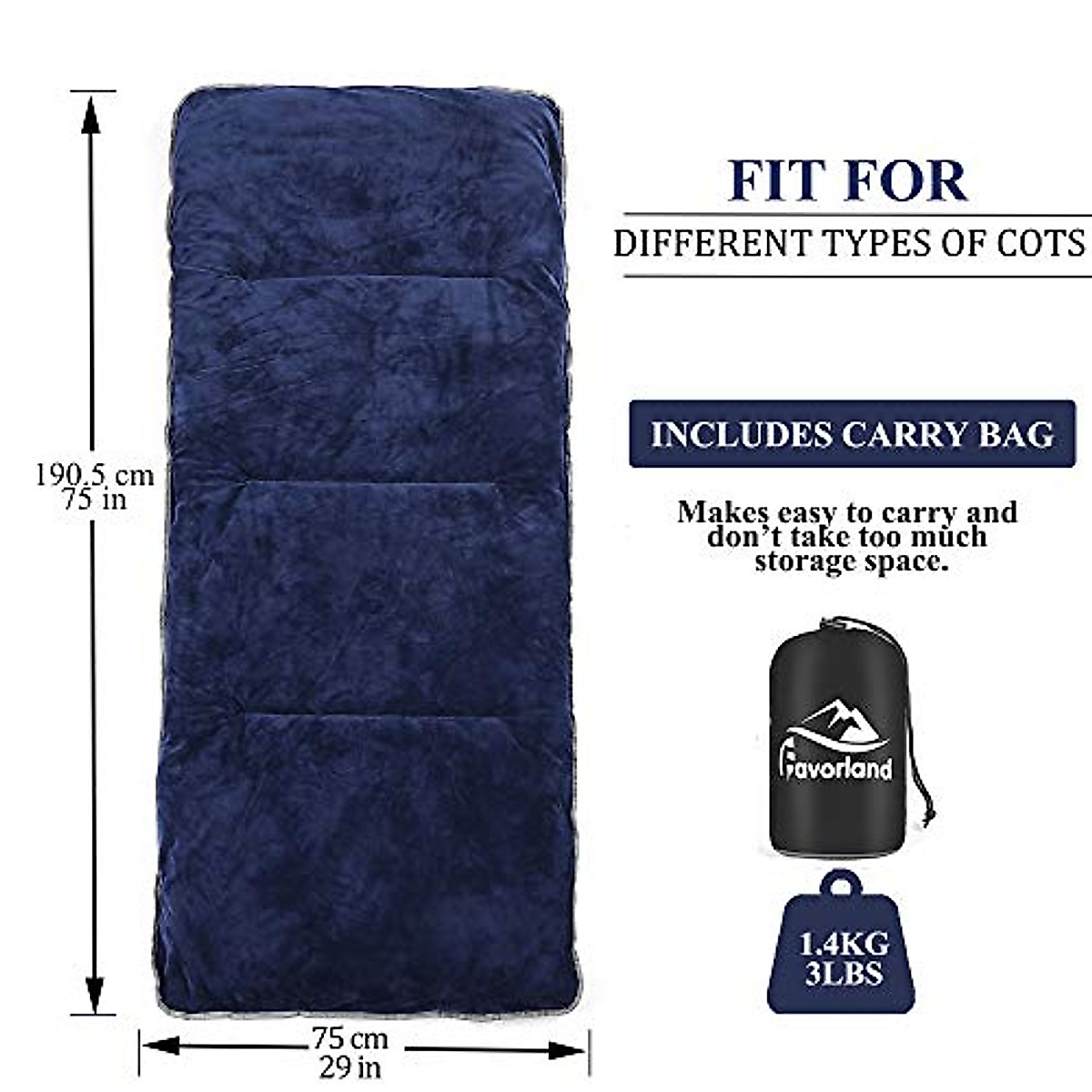 Favorland Camping Sleeping Pad Cot Pads Mattress Mat Outdoor XL Soft Comfortable Polyester 75"x29" Lightweight Foldable for Hiking Backpacking Traveling (NBlue)