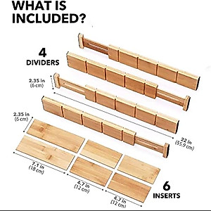 NK Home Goods Expandable Bamboo Drawer Divider (17x22 in), Adjustable Kitchen Organizer for Office, Home, and Closets. 4 Dividers 6 Inserts. (Free 12x24 Liner)