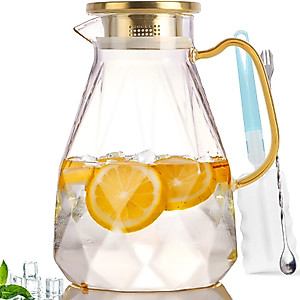 Yirilan Glass Pitcher,74oz/2.2 Liter Water Pitcher with Lid,Beverage Serveware,Iced Tea Pitcher,Water Carafe with Handle,Heat Resistant Borosilicate Water Glass Jug（with Mixing Spoon and Cup Brush）