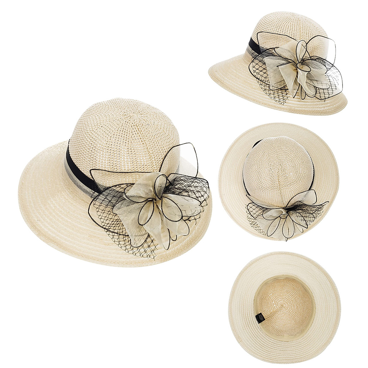 Women Kentucky Organza Derby Hat - Bridal Wedding Church Tea Party Wide Brim Summer Sun Cap Beige