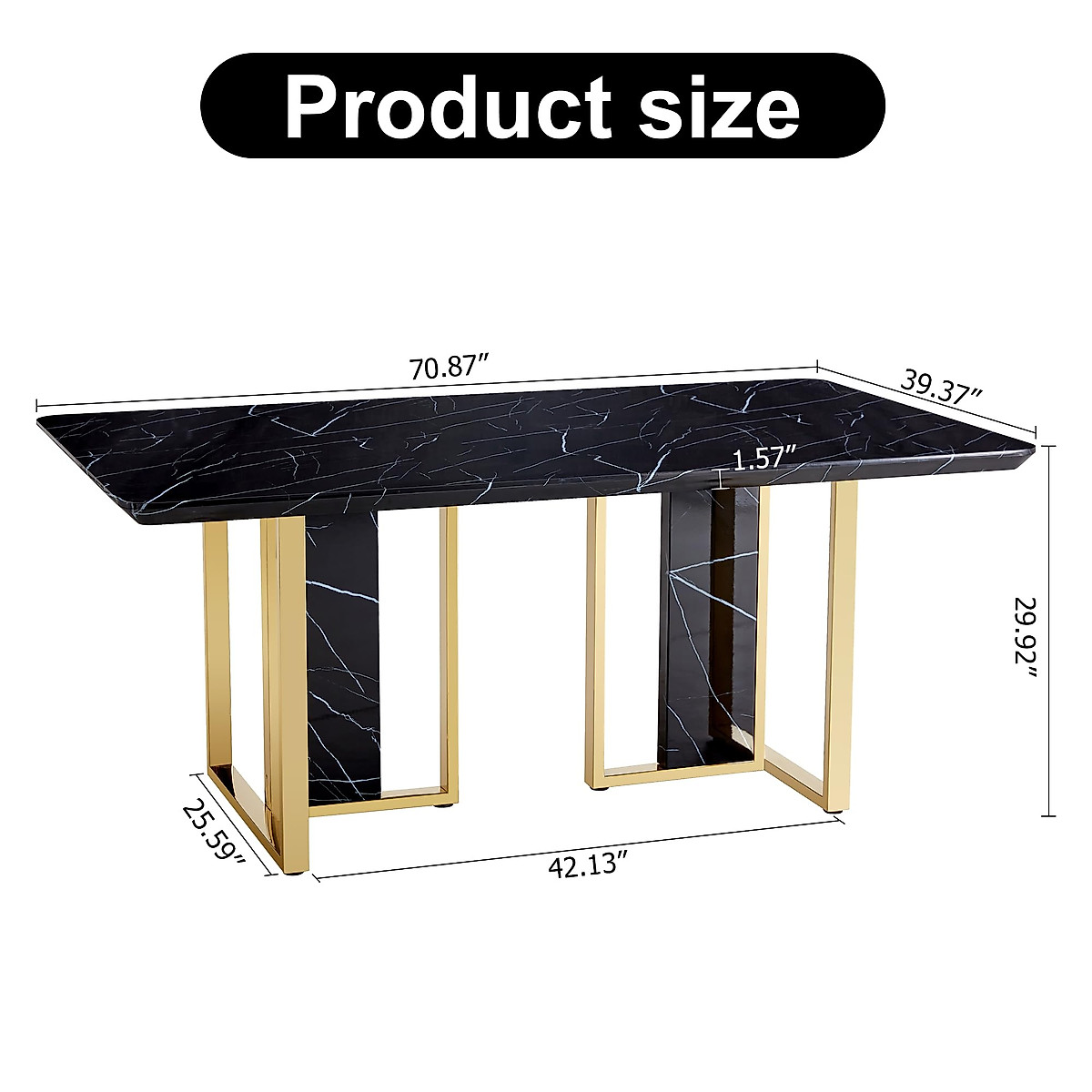 71" Large Marble Dining Table Set for 6, Modern Rectangular Dining Room Table with 6 Black Leather Chairs, 1.57" Printed Marble Tabletop and MDF Metal Leg,for Kitchen Dining Living Meeting Room