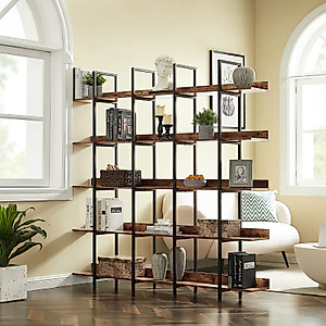 GNIXUU Triple Wide Bookshelf 5-Tier, Industrial Display Bookcase with Metal Frame, Tall Open Storage Book Shelves for Bedroom Living Room Office (Rustic Brown)