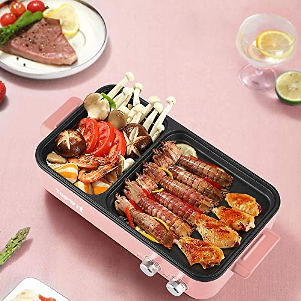 Topwit Electric Hot Pot with Grill, 2 in 1 Indoor Non-stick Hot Pot Electric with Grill for Steaks, Shabu Shabu, Noodles, Simmer and Fry, Korean BBQ Grill, Independent Dual Temperature Control, Pink