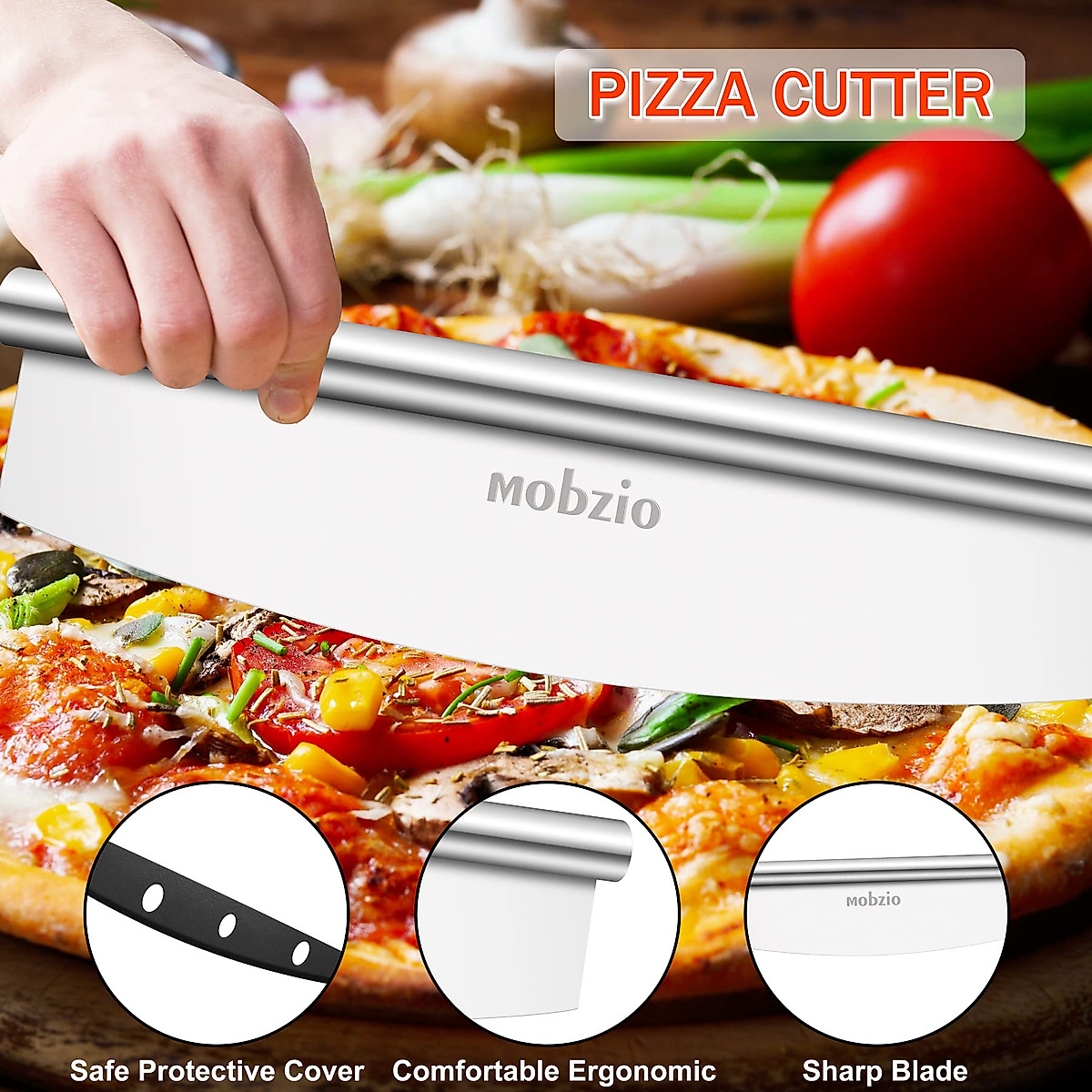 mobzio Pizza Peel Metal Pizza Spatula, Pizza Paddle 12 x 14 inch, Pizza Cutter Rocker, Pizza Paddle with Foldable Handle, Aluminum Pizza Peel Kit for Dough, Bread & Pastry, Pizza Oven Accessories