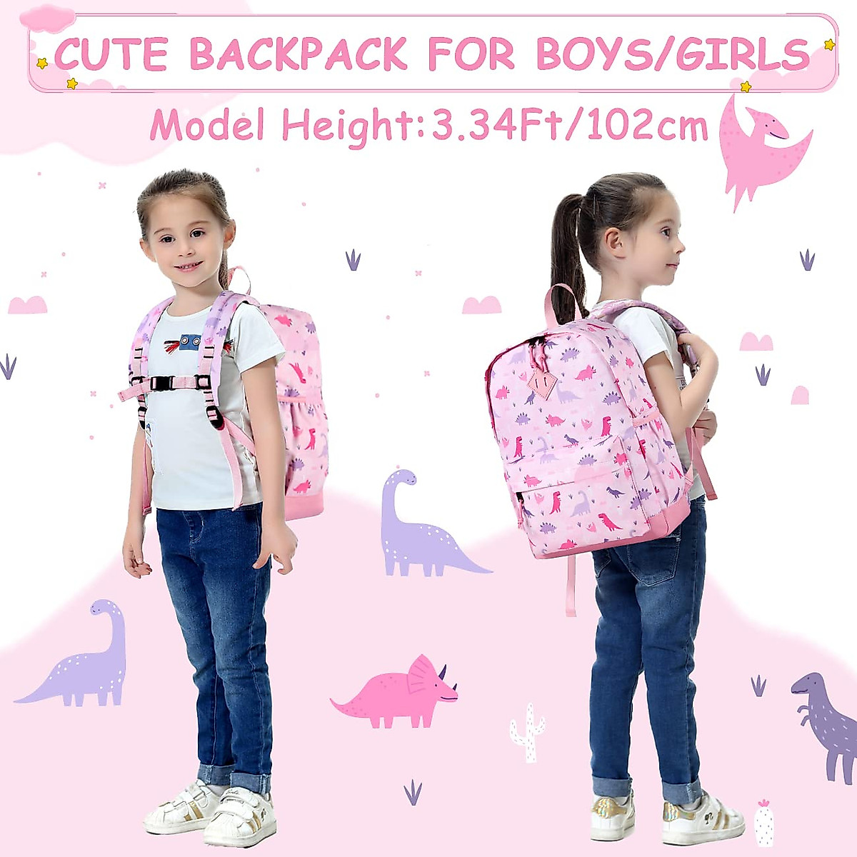 VASCHY Toddler Backpack for Girls, Cute Lightweight Water Resistant Preschool Backpack for Kindergarten Little Girls Bookbag Dinosaur