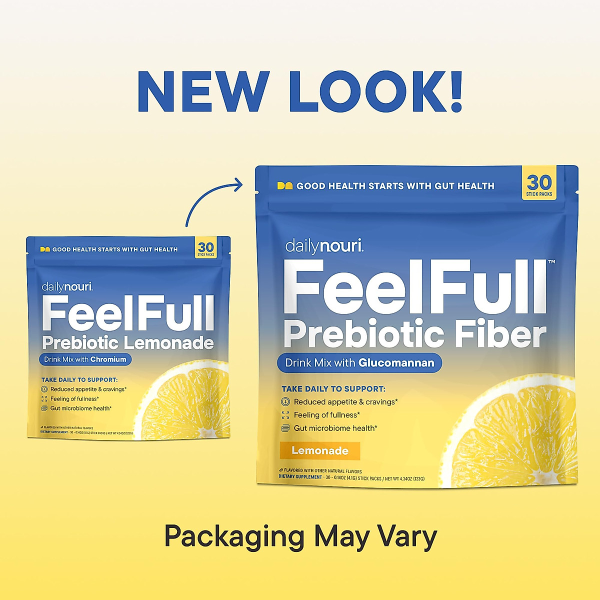 Daily Nouri FeelFull Prebiotic Fiber Drink Mix with Glucomannan & Chromium | for Natural Feeling of Fullness, Appetite & Cravings Support, Gut Microbiome & Metabolic Health | 30 Stick Packs