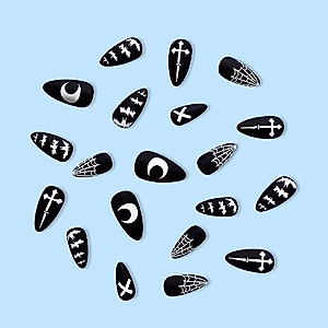 Halloween Press On Nails Almond, Glue on Nails with Spide Ghost Bat Pattern, Black Coffin Fake Nails Stick on Nails, Includes Prep Pad, Mini File, Cuticle Stick, Glue, Jelly Glue and 24 Fake Nails