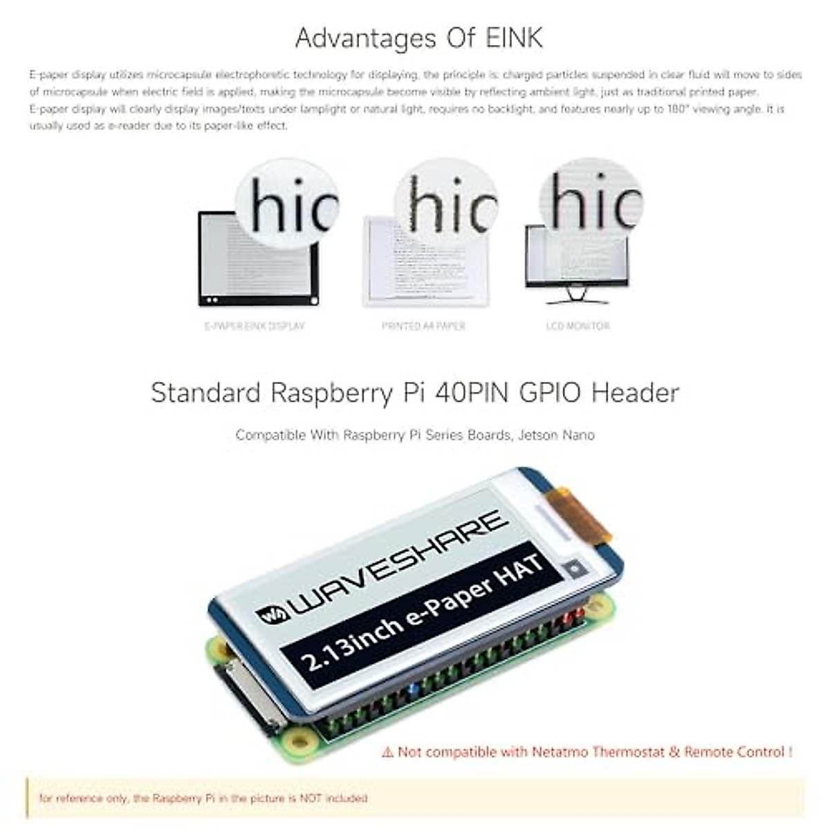 Waveshare 2.13inch E-Paper Display HAT Compatible with Raspberry Pi 5/4B/3B/Zero/Zero W/Zero 2W/Pico/Pico W/Pico WH/Jetson Nano, 250x122 Resolution Black/White Dual-Color