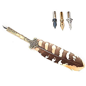 Feather Quill Pen Vintage Feather Dip Ink Pen Set Calligraphy Dip Pen + 3 Nibs + Ink Bottle(Empty) Birthday Gift Set