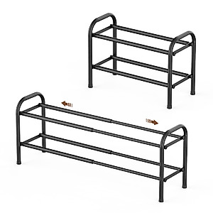 Gonfoam 2-Tier Expandable Shoe Rack,Adjustable Shoe Shelf Storage Organizer Heavy Duty Metal Free Standing Shoe Rack for Entryway Closet Doorway (Black)