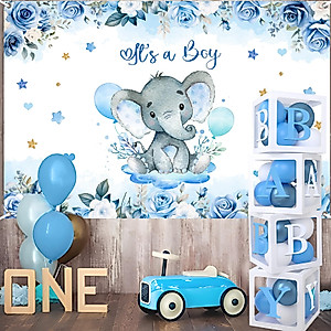 Boy Elephant Baby Shower Decorations Boxes - Baby Blue Balloon Garland Kit,Baby Shower Boxes,It's a Boy Backdrop Tablecloth for Elephant Theme Party Supplies,Baby Shower Wedding Birthday Party