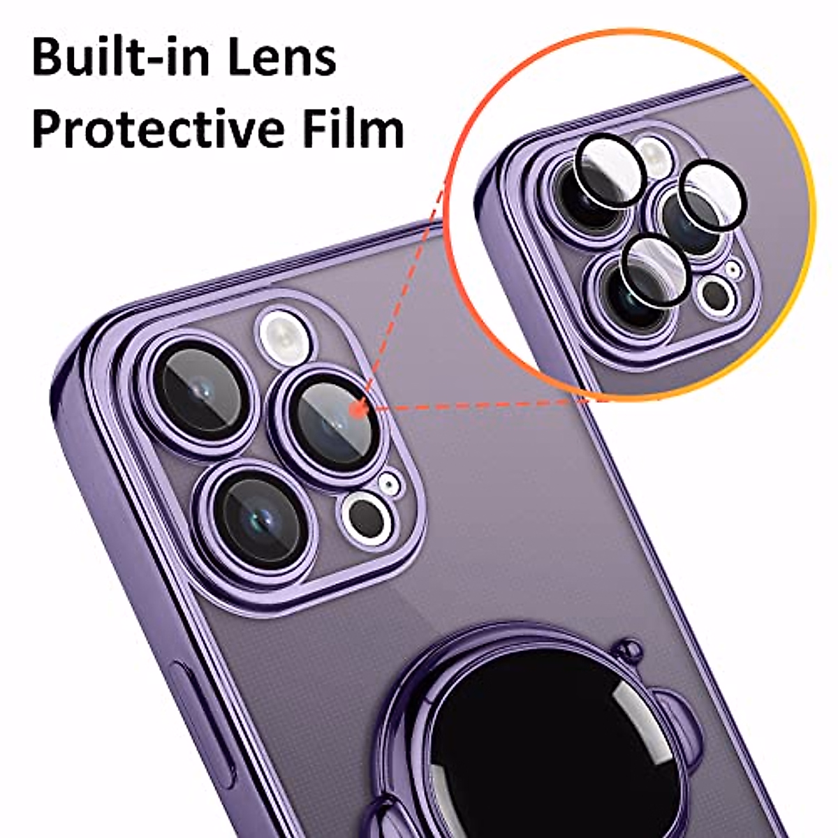 KANGHAR for iPhone 14 Pro Max Case Clear 6D Plating Astronaut Hidden Stand Case for Women Men Camera Lens Cover Soft TPU Shockproof Protective Phone Case for iPhone 14 Pro Max 6.7 Inch - Purple