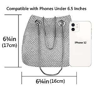 Linkidea Rhinestone Bucket Bag for Women, Evening Lady Purse, Party Prom Wedding Crossbody Shoulder Handbag (Silver)