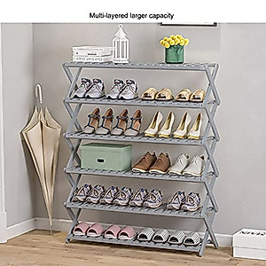 6-Tier Foldable Bamboo Shoe Organizer Rack, Bamboo Stackable Shoe Shelf Storage Organizer, Shoe Rack Household Shelves Multifunctional Storage Free Standing Shoe Shelf Grey