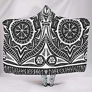 Norse Viking Vegvisir Hooded Blanket Warm Cozy Extra Soft Sherpa Throw Blanket Plush Fleece Blanket Wearable Blanket Hoodie Blanket for Kids and Adults ( Color : A , Size : 70x60in/180x150cm )