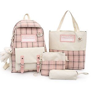 4pcs Aesthetic Backpack Set with Large Capacity, Back to School Canvas Kawaii Backpack Set for Young (Pink)