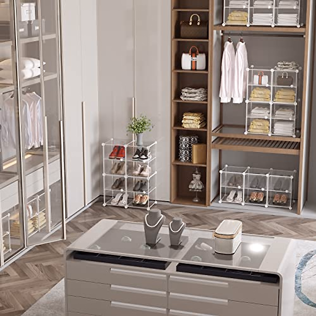 Clear Closet Organizer, 8-Cube Plastic Storage Shelves Cabinet with Handle/Square Metal Grid Shelving/Hammer,Multi-functional Storage Bins for Home, Closet, Bedroom, Office (11.8x23.7x31.5 inch)