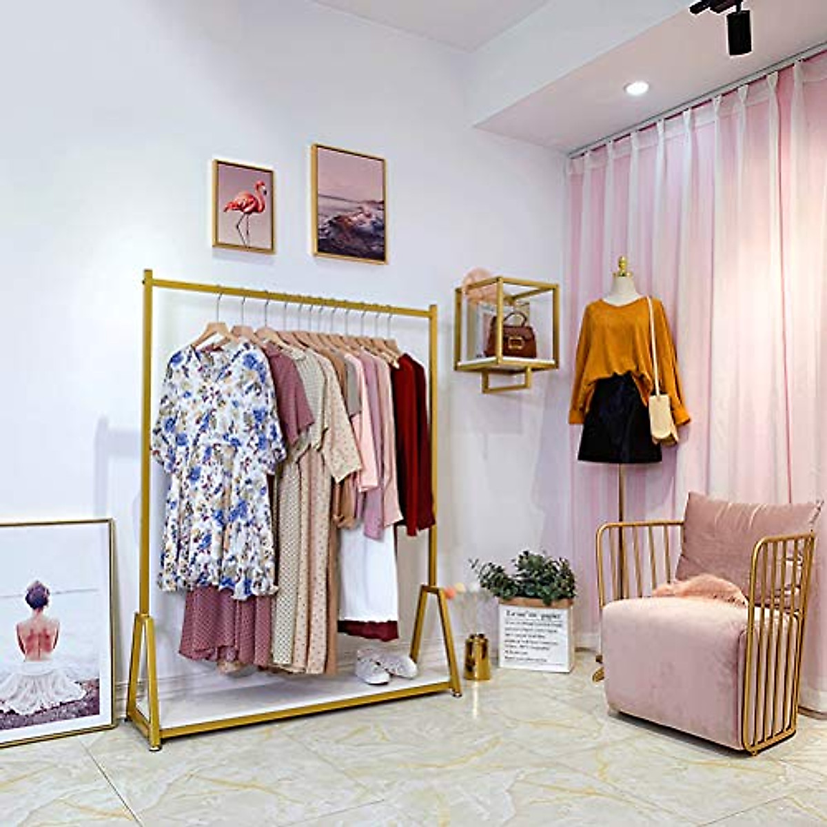 FONECHIN Retail Clothing Racks Modern Garment Rack with Wooden Shelves Iron Pipe Racks for Hanging Clothes Heavy Duty Wardrobe Closet Rack Gold 47"