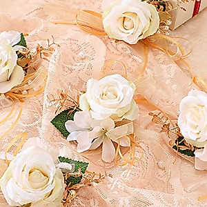 20 Pcs Rose Wrist Corsage and Boutonniere Set Flower Wrist Corsage Wristlet Band Bracelet Bridegroom Men's Boutonniere Wedding Wristlet Hand Flower for Prom Party Bouquets Accessories (Champagne)