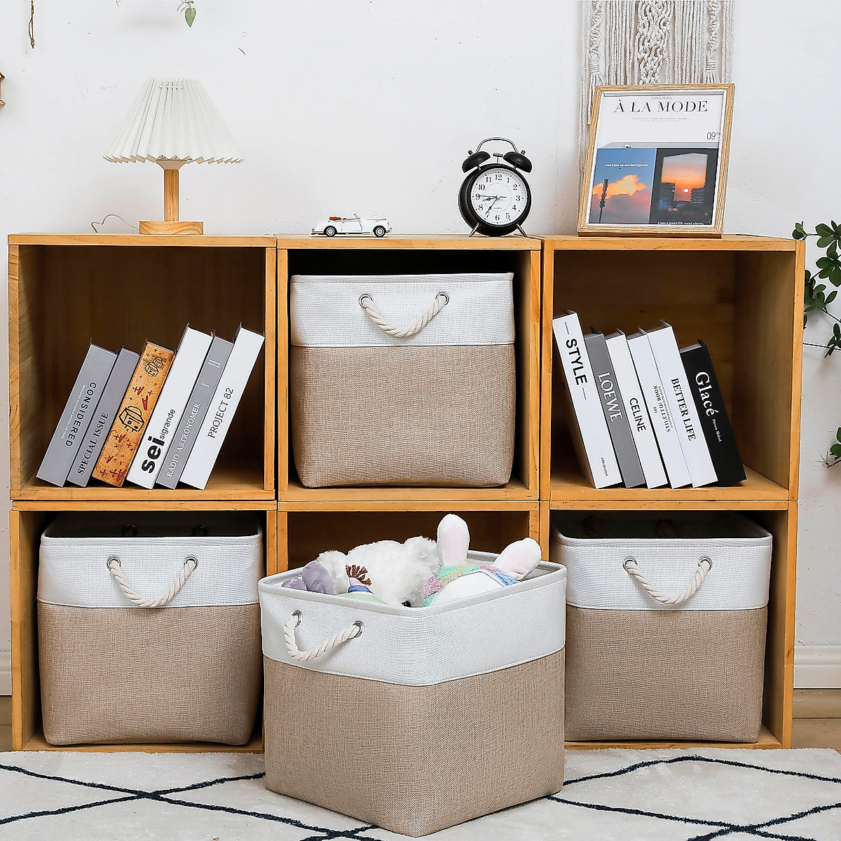 MidmmVick 13 x 13 Inch Cube Storage Bins, 4 Pack Large Collapsible Fabric Storage Bin with Ropes, Foldable Storage Cubes for Home, Office,Closet, Clothes, Toys Organizer (White & Beige)