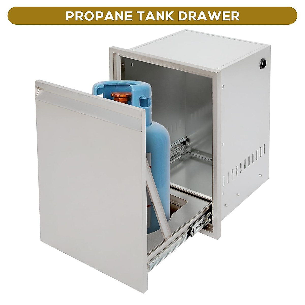 biosp Built-in Pull Out Trash Bin Propane Tank Drawer 19"" W x 27"" H x 16"", Outdoor Kitchen Lower Sliding Rails Stainless Steel Tray Storage for BBQ Island, Patio, Lawn, Garden, Yard, silver