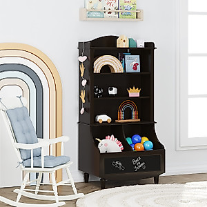 UTEX Kids Toy Storage, Kids Bookshelf and Toy Organizer Cabinet, Kids Bookcase with Blackboard and Cubbies, Open Kids Bookshelves Display Stand for Toddlers, Espresso