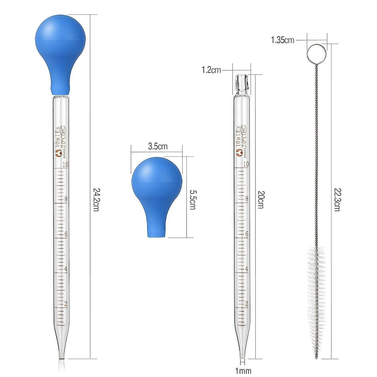 2Pcs Glass Graduated Dropper Pipette for Liquid Essential Oil, 10ml Lab Dropper Pipettes Transfer with Rubber Cap and 1Pc Cleaning Brush
