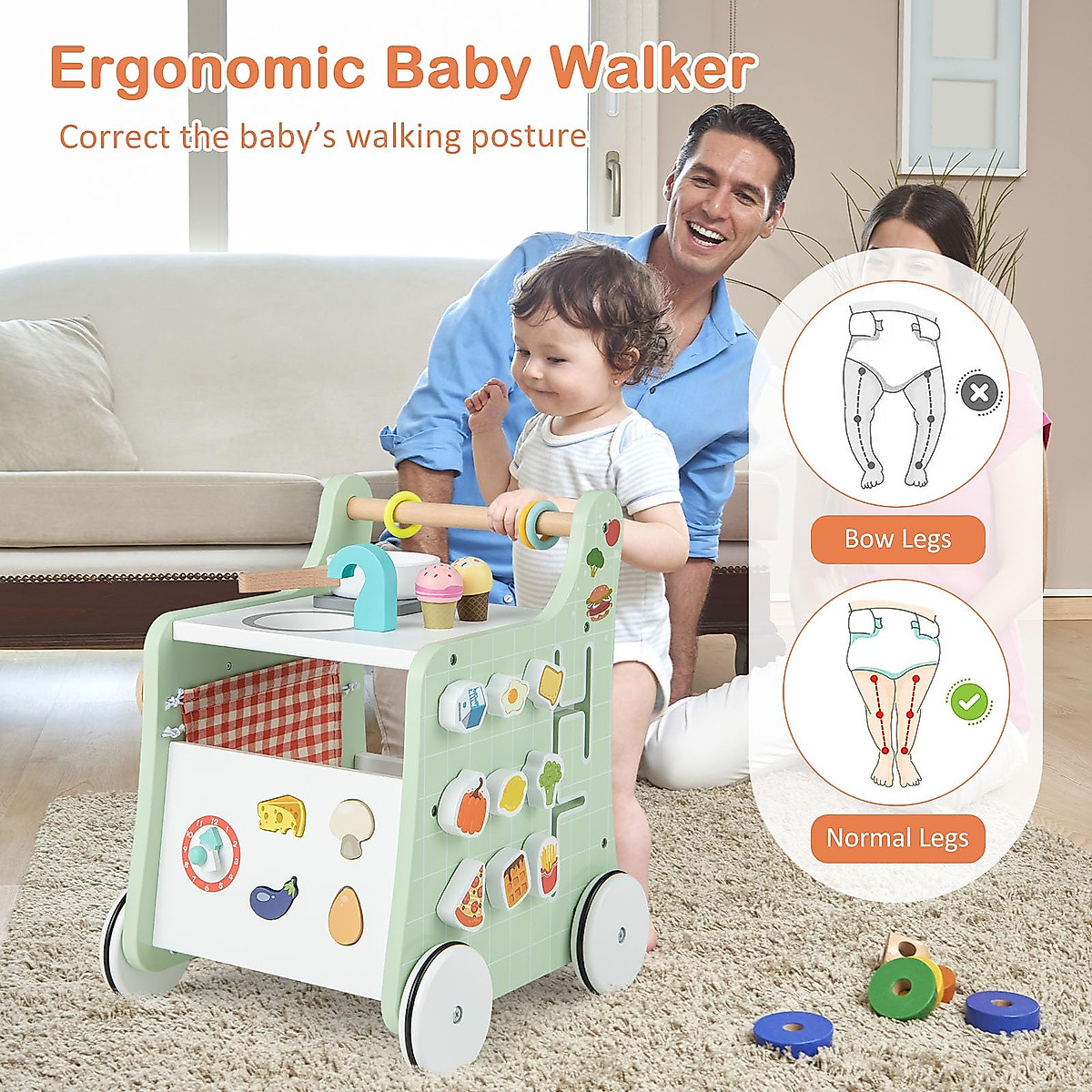 HONEY JOY Baby Push Walker, 6-in-1 Wooden Play Kitchen Walker Activity Center w/Shape Sorter, Develop Motor Skills & Creativity, Push Toys for Babies Learning to Walk, Gift for Boys and Girls