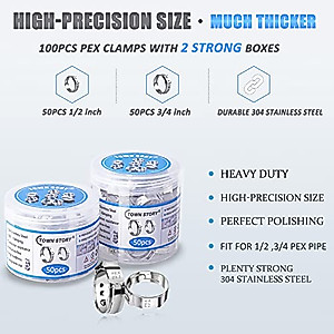 TOWN STORY PEX Hose Clamps, 100Pcs Pex Crimping Clamps,50Pcs 1/2 Inch and 50Pcs 3/4 Inch Pex Cinch Clamp 304 Stainless Steel, for PEX Tubing PEX Pipe Fitting Connections