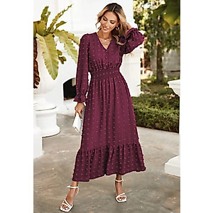 MASCOMODA Women Boho Maxi Dress 2023 Long Sleeve V Neck Swiss Dot Smocked High Waisted Button A-Line Ruffle Tiered Fall Long Dress(Medium, Wine Red)