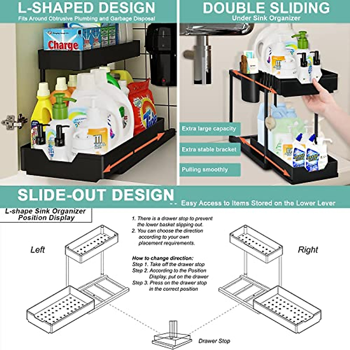 Under Sink Organizers and Storage 2 Pack, Sliding Under Kitchen Sink Storage 2 Tier Bathroom Cabinet Organizer with 8 Hooks & 2 Hanging Cups Multi-Use Under Sink Shelf for Kitchen Bathroom, Black