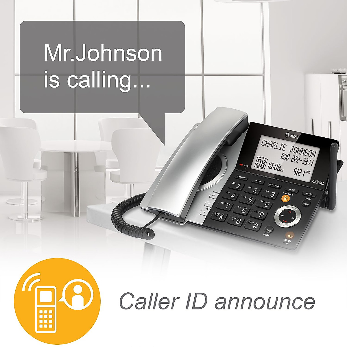 AT&T CL84307 Dect 6.0 Expandable Corded/Cordless Phone with Smart Call Blocker, Silver/Black with 3 Handsets