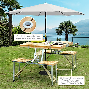 Outsunny Portable Foldable Camping Picnic Table with Seats Chairs and Umbrella Hole, 4-Person Fold Up Travel Picnic Table, Wood