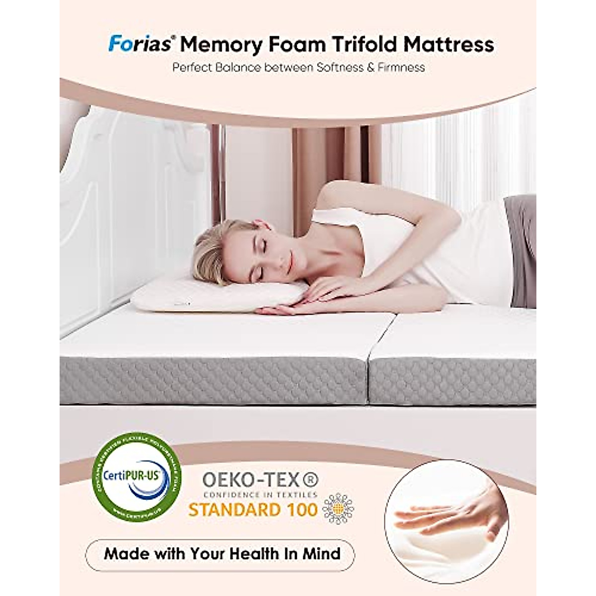 Forias Folding Mattress, Tri-fold Memory Foam Mattress, 4 Inch Foldable Mattress Topper with Washable Cover, Portable Mattress for Floor Guest Bed Camping Single Size 75" L x 25" W x 4" Th