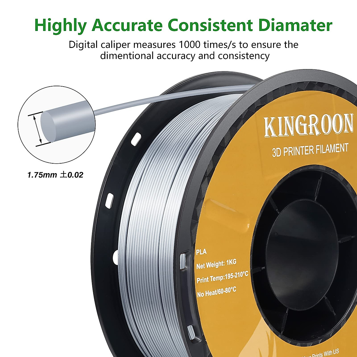 Kingroon Silk PLA 3D Printer Filament, Dimensional Accuracy +/- 0.03 mm, 1 kg Spool(2.2lbs), PLA Shiny Filament 1.75 mm (Silver)