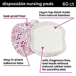 Bamboobies Disposable Nursing Pads for Breastfeeding & Sensitive Skin, Super-Absorbent Milk Proof Pads, Perfect Baby Shower Gifts, 60 Count