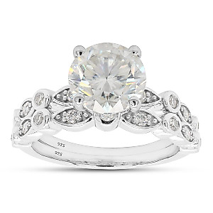 SAVEARTH DIAMONDS Sterling Silver Center 1.5ct 7.5MM G-H Color Round Cut Moissanite Lab Created Diamond Engagement Wedding Ring Bridal Set 2 Pieces Ring Size-6