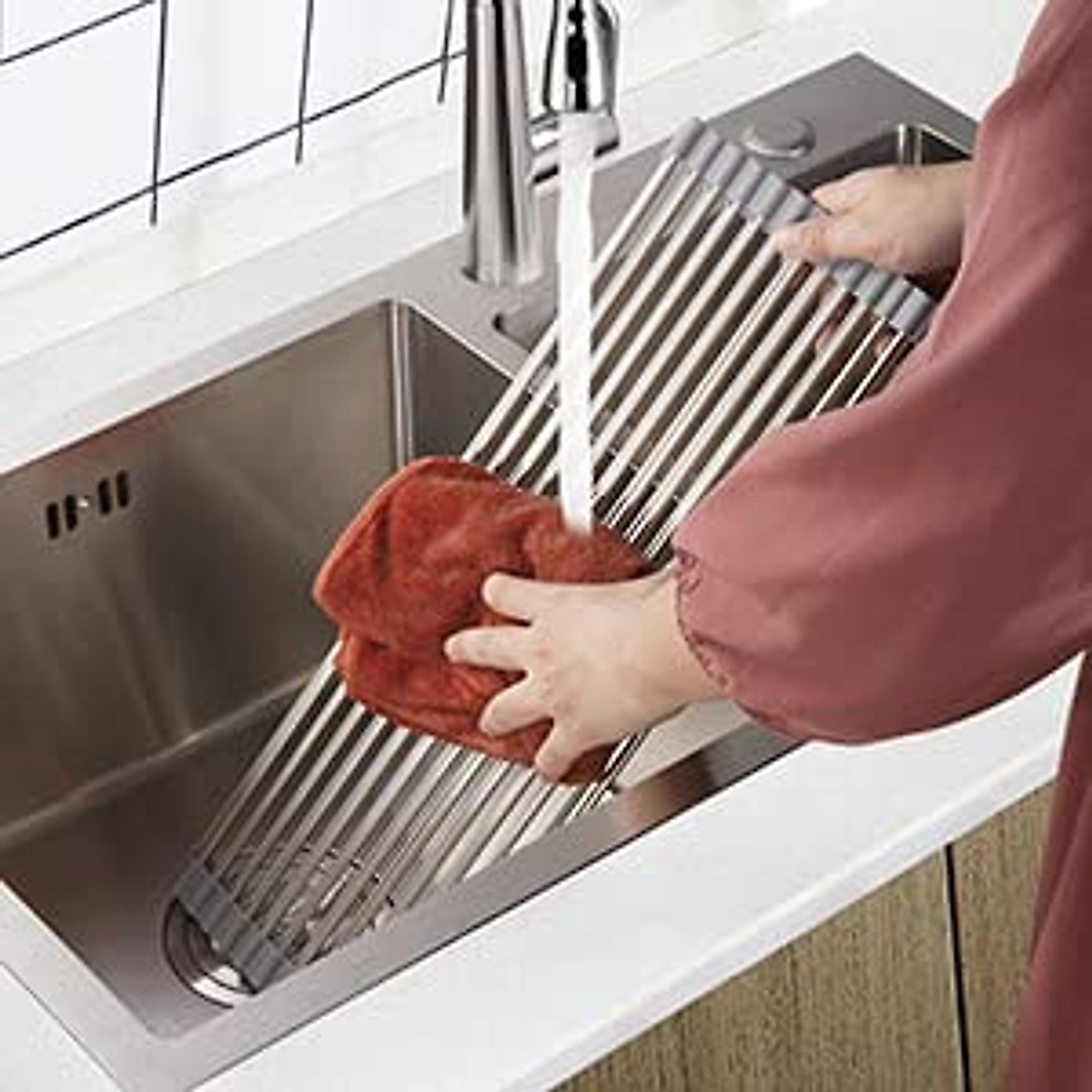 SunCleanse Roll-up Dish Drying Rack with Silicone Grid, Multipurpose Dry Rack Dish Drainer, Stainless Steel Foldable Dish Drying Rack for Sink Counter, Mini Grey 17.8"x11.8"