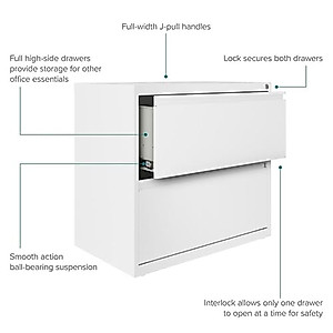 Hirsh 30" W Modern Metal Lateral File Cabinet with 2 Drawers & Secure Lock, Powder Coat, for Home/Office, in White Finish