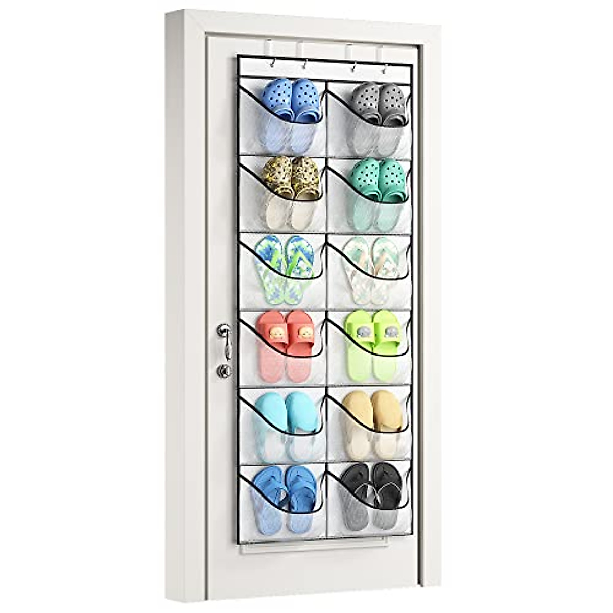 Over the Door Shoe Organizer, 12 Extra Large Mesh Pockets Hanging Shoe Rack Holder for Closet Door, Hanging Shoe Organizer Bags with 4 Metal Hooks Home Storage Hanging Bag (White)
