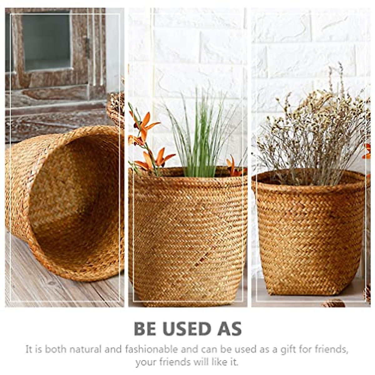 DOITOOL Waste Paper Basket Seagrass Waste Basket Woven Trash Can, Small Round Natural Wastebasket Wicker Waste Basket Garbage Bin for Bathroom Kitchen Home Office Rattan Garbage Bins