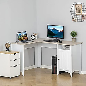 HOMCOM L-Shaped Computer Desk with Open Shelf and Storage Cabinet, Corner Writing Desk with Adjustable Shelf, White