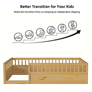 Bocarali Twin Size Montessori Floor Bed, Wood Floor Bed with High Fence, Twin Montessori Bed Frame for Kids Boys Girls, Natural, 78.5" L x 41.4" W x 19.6" H