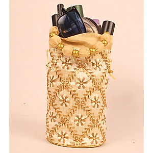 INDTRESOR beaded handcrafted embroidered evening purse drawstring handbag vintage party wedding gift for women. Cream Gold